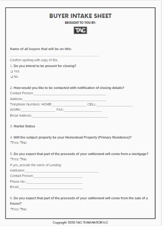 Buyer Intake Sheet Ebook by The TAG TEAM