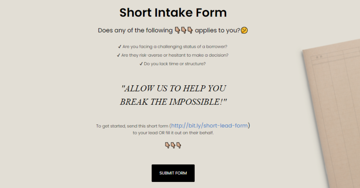 Short Intake Form by The TAG TEAM